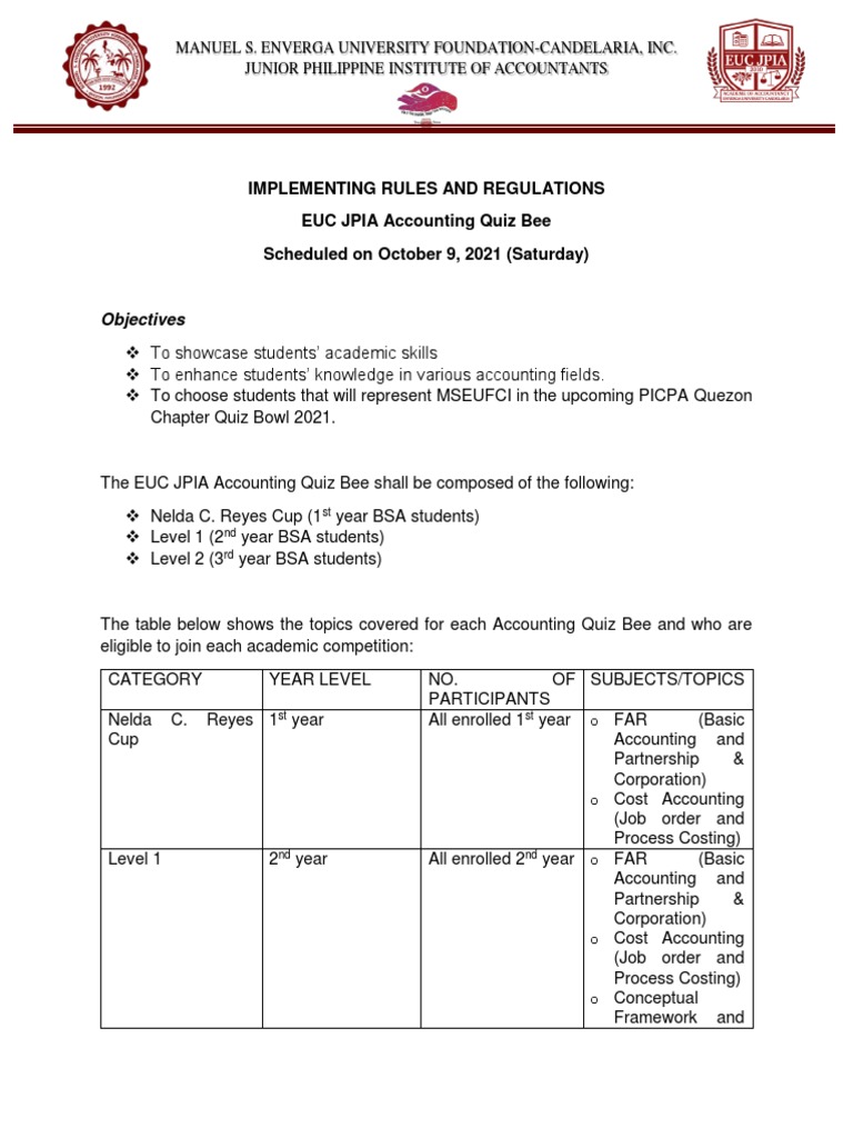 IRR EUC JPIA Accounting Quiz Bee | PDF | Accounting