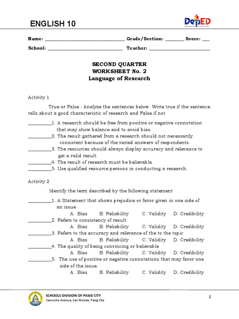 English 10: Second Quarter Worksheet No. 2 Language of Research | PDF ...