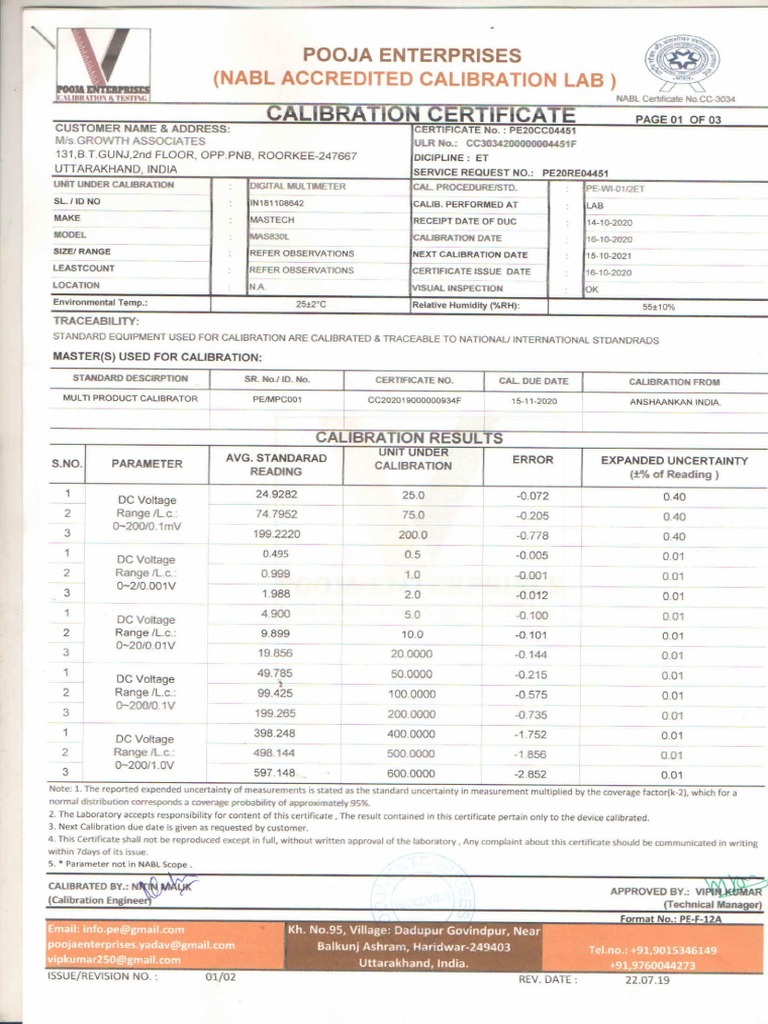 Calibration Certificates Mastech | PDF