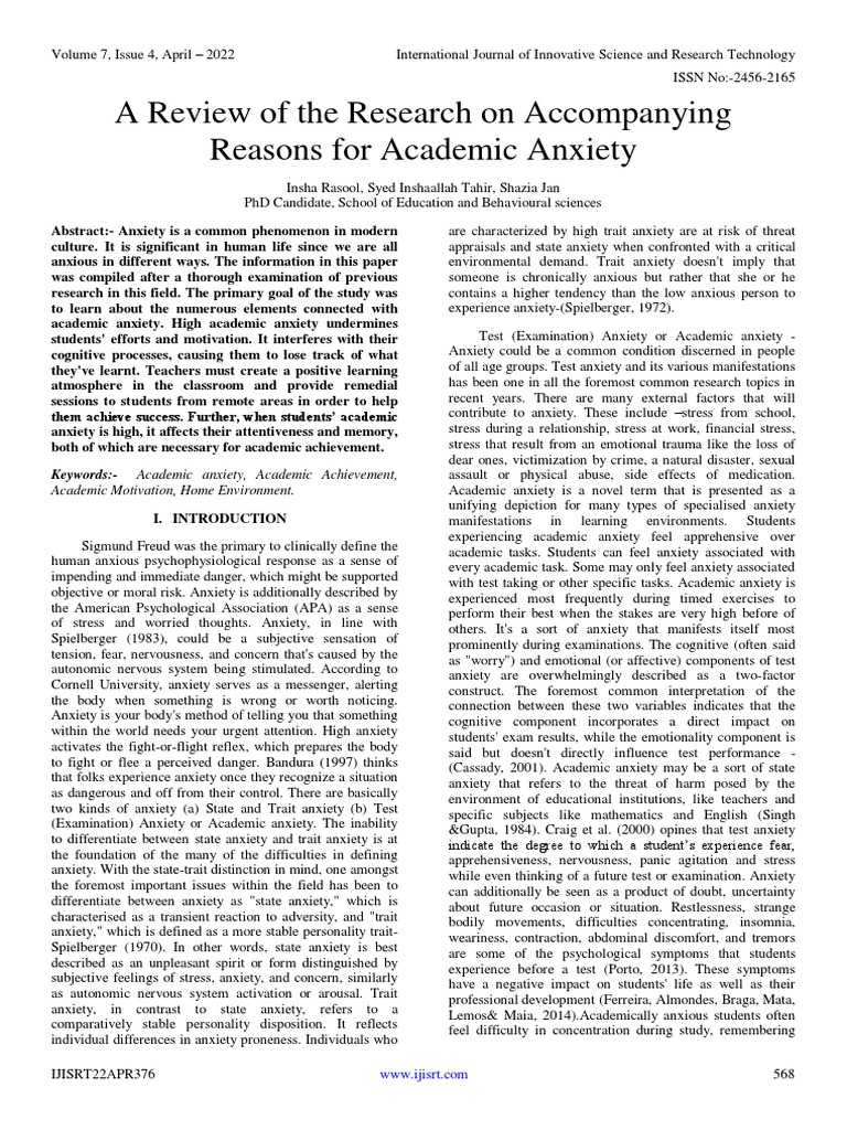 A Review of The Research On Accompanying Reasons For Academic Anxiety ...