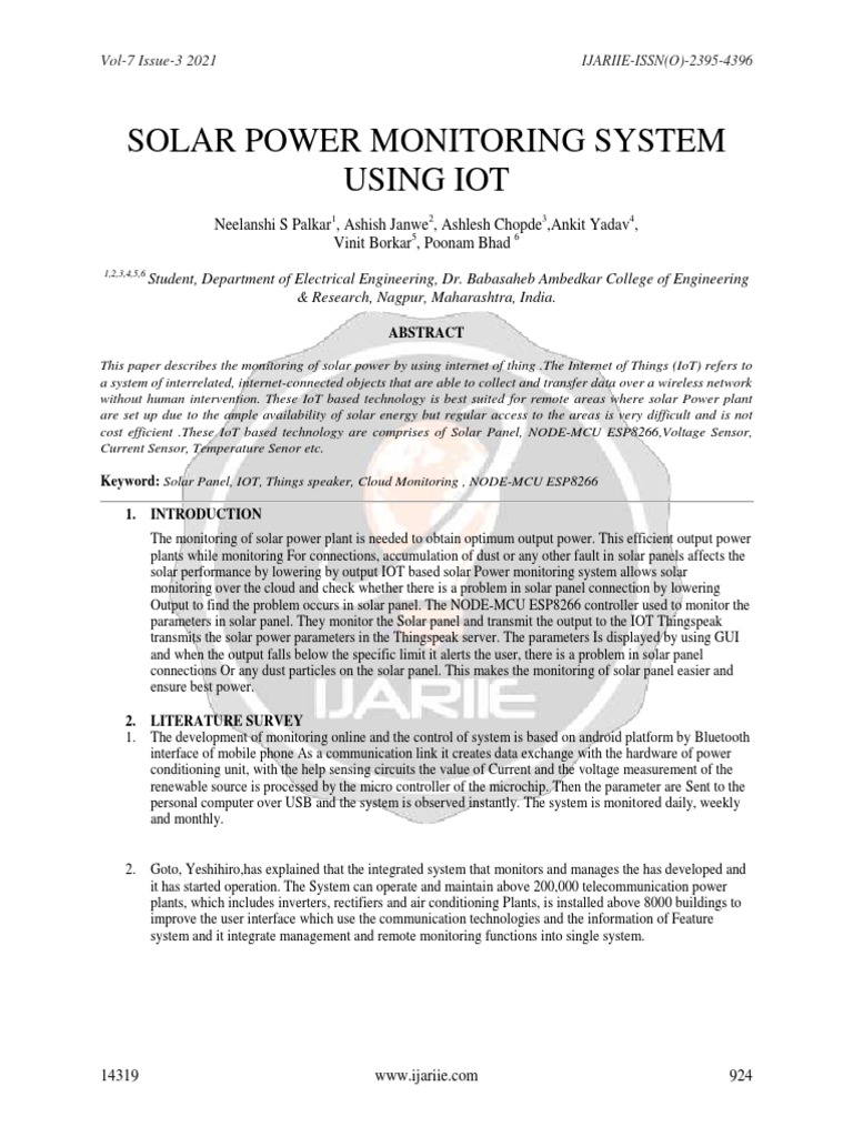 Solar Power Monitoring System Using IOT Ijariie14319 | PDF | Internet ...