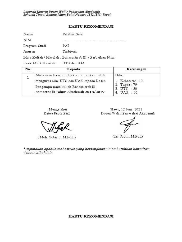 Surat Rekomendasi Perbaikan Nilai | PDF