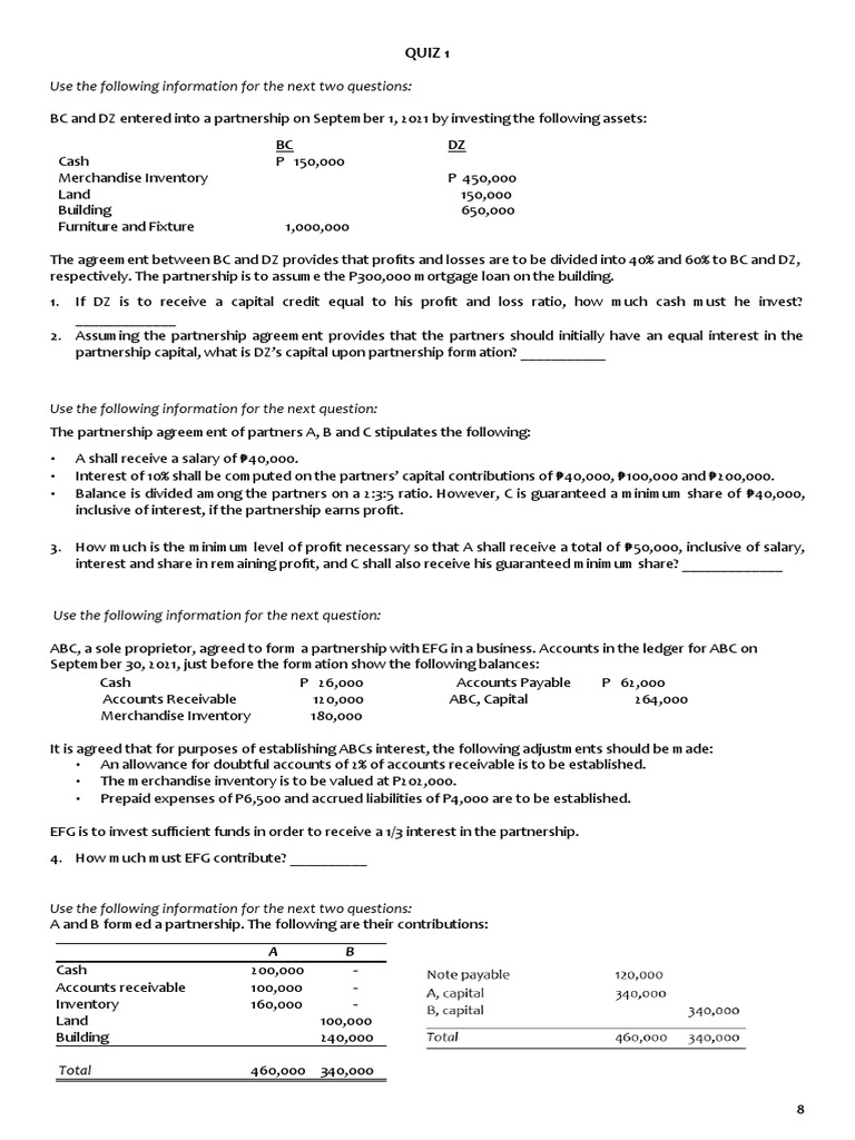 Partnership Formation and Operation Quiz | PDF | Partnership | Interest