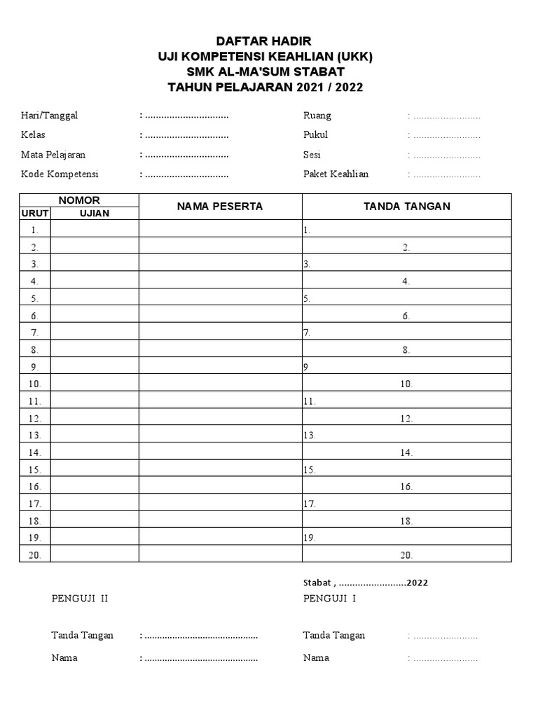 Daftar Hadir Ukk SMK Almaksum | PDF