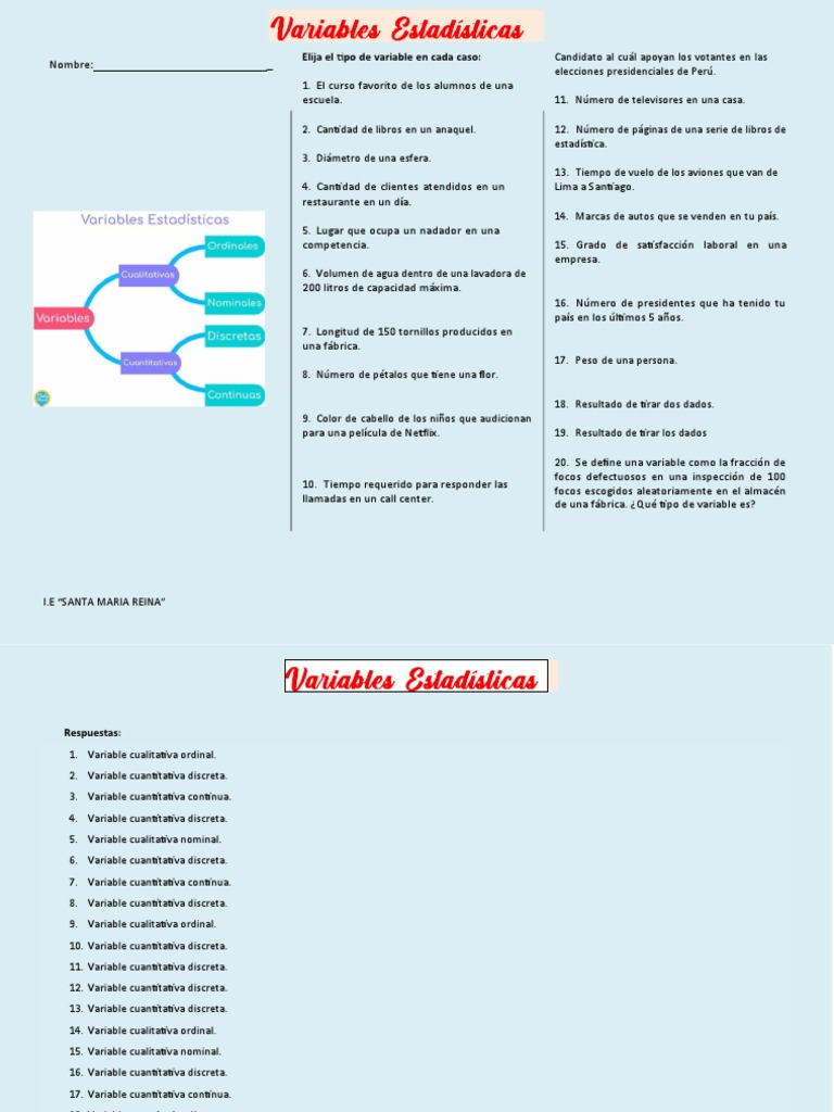 Tipos de Variables Estadísticas Ejercicios | PDF