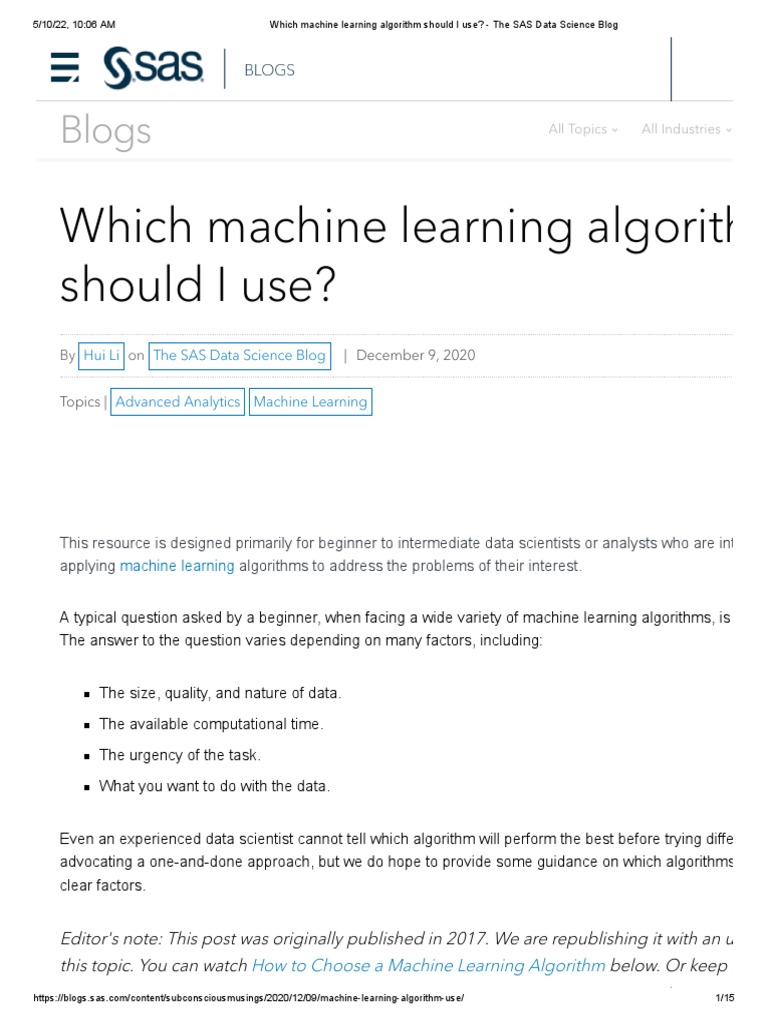 Which Machine Learning Algorithm Should I Use - The SAS Data Science Blog | PDF | Artificial ...