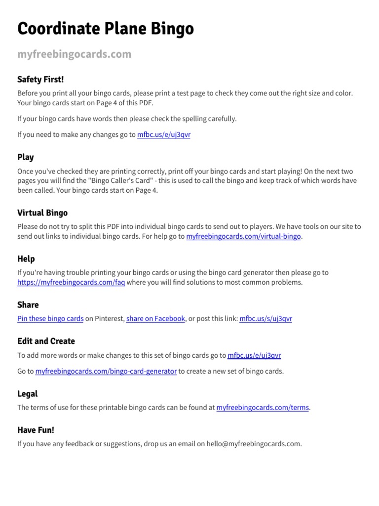 Coordinate Plane Bingo | PDF