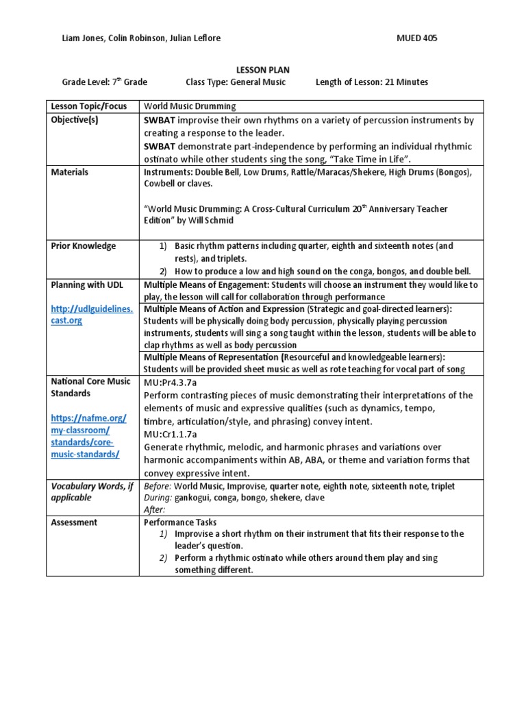 JLC Drumming Lesson Plan | PDF | Rhythm | Song Structure