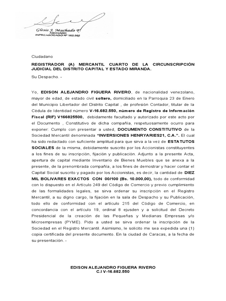 Acta Constitutiva de INVERSIONES HENRYARIES21, C.A | PDF | Compartir (Finanzas) | Venezuela