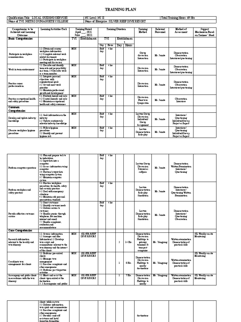 Training Plan Local Guiding Services Ncii 1 | Download Free PDF ...