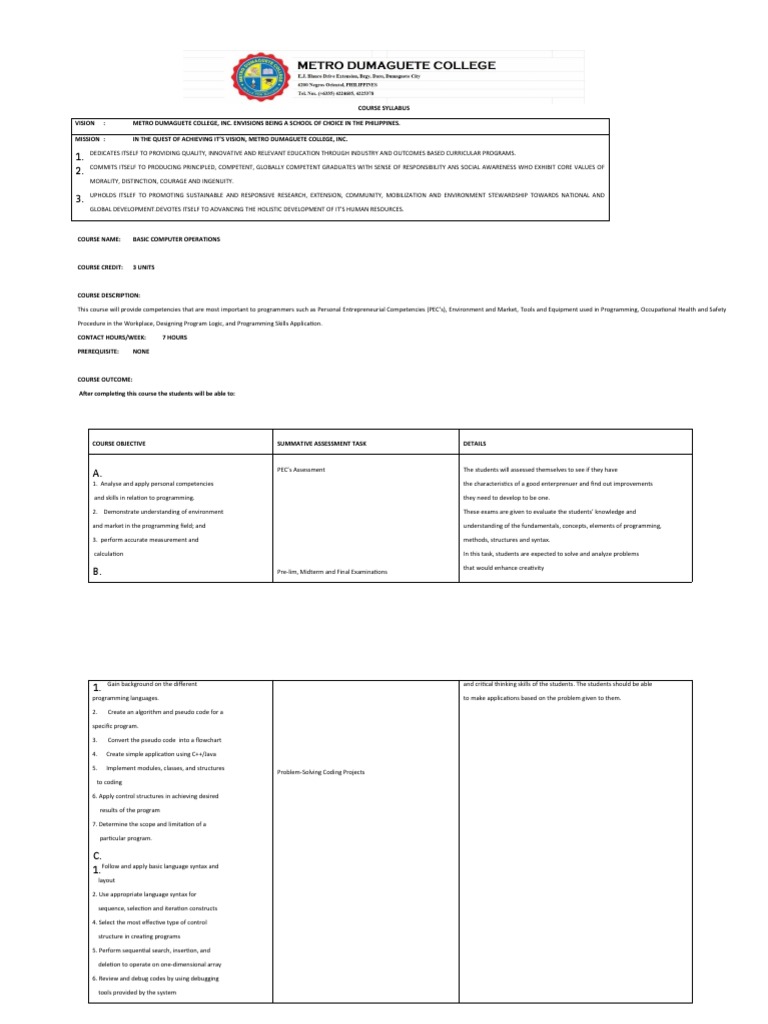 Basic Computer Operations Syllabus | PDF | Computer Programming | Lecture
