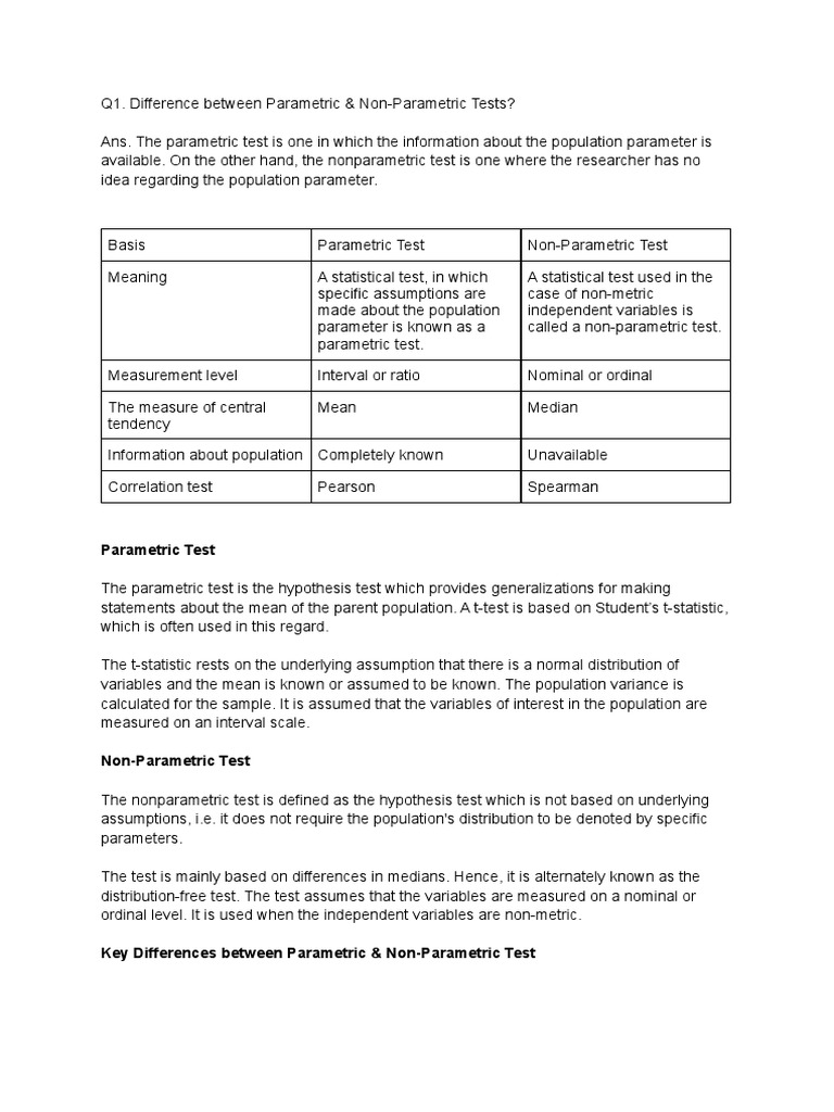 Parametric vs Non-Parametric Tests Explained | PDF | F Test ...