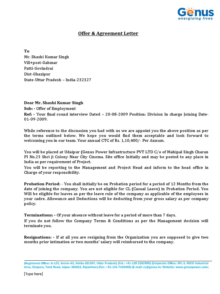 Genus Power Employment Offer Letter | PDF | Economies
