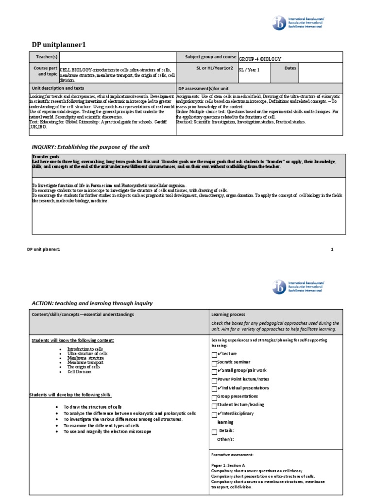 DP Unit Plan-Biology - Sample | PDF | Cell (Biology) | Learning