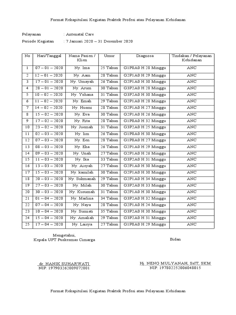 Format Rekapitulasi Kegiatan Praktek Profesi Atau Pelayanan Kebidanan ANC | PDF