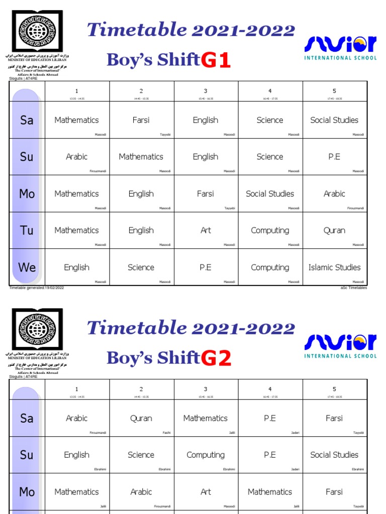 2021-2022 Boys' School Timetable | PDF | Science