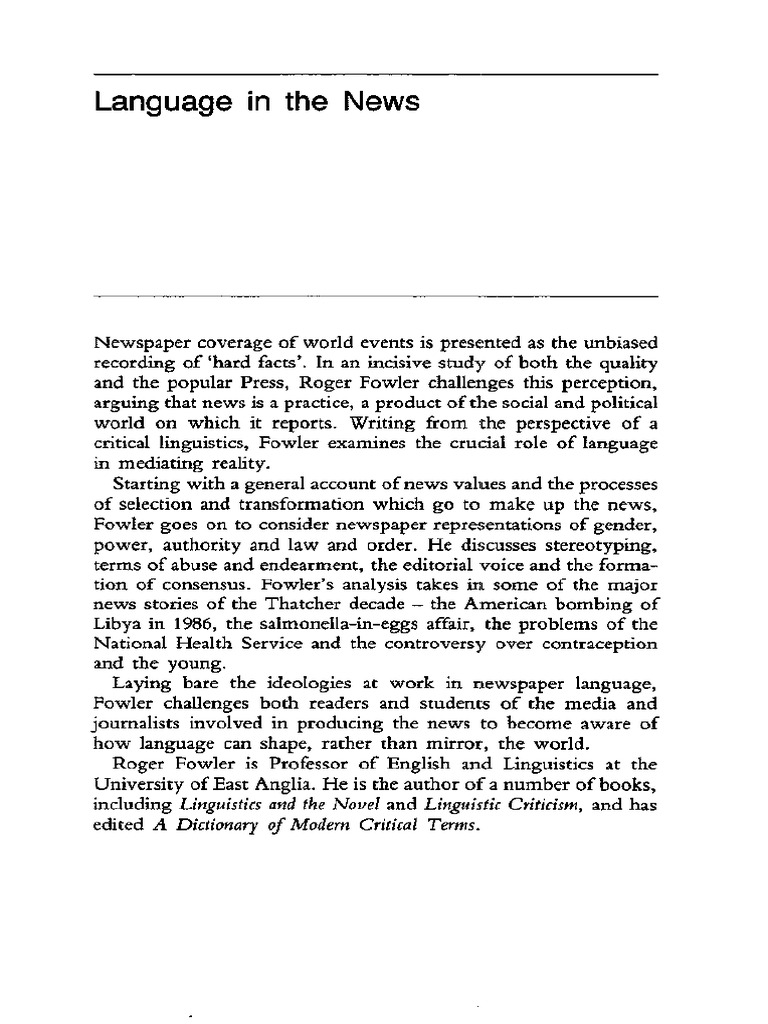 Roger Fowler - Language in The News - Discourse and Ideology in The ...