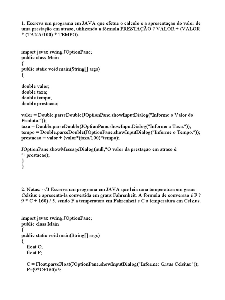 Programas JAVA para Cálculos Básicos | PDF | Fahrenheit | Celsius