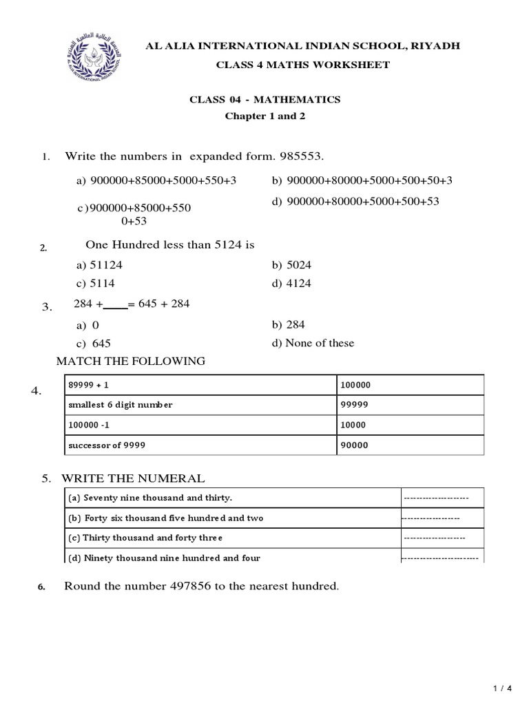 Al Alia International Indian School, Riyadh Class 4 Maths Worksheet ...