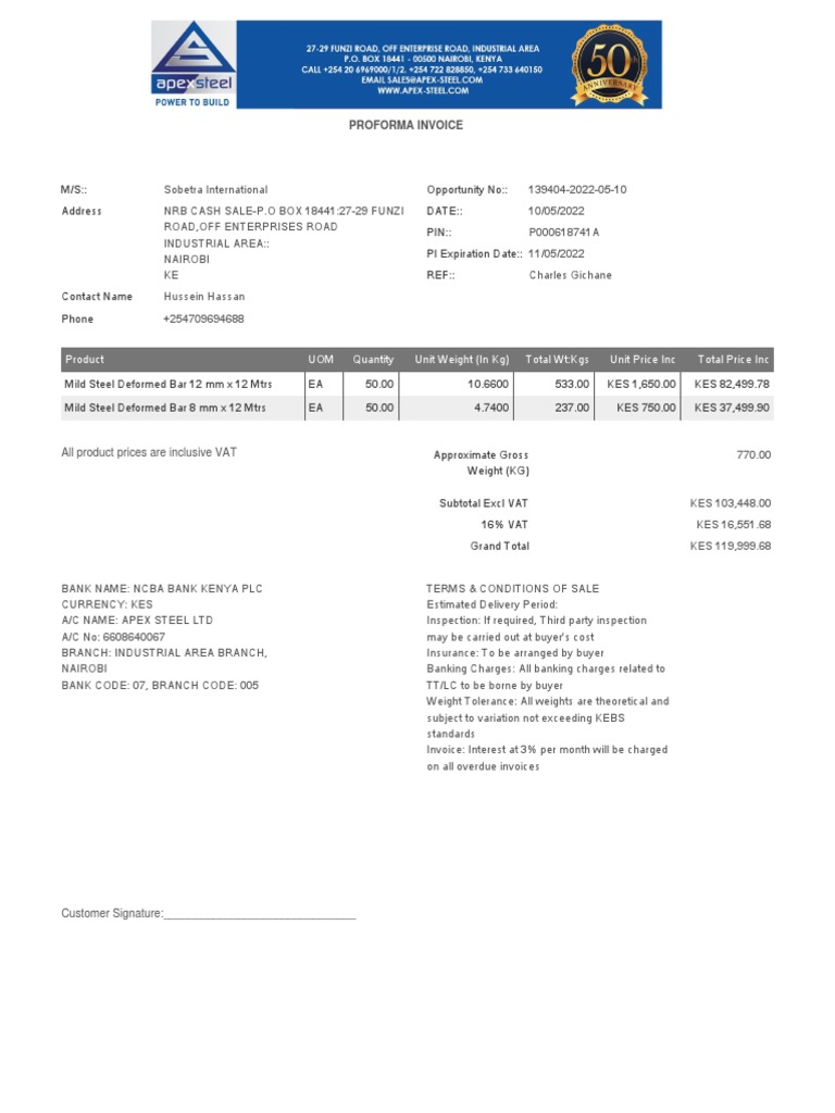 Proforma Invoice: Product UOM Quantity Unit Weight (In KG) Total Wt:Kgs ...
