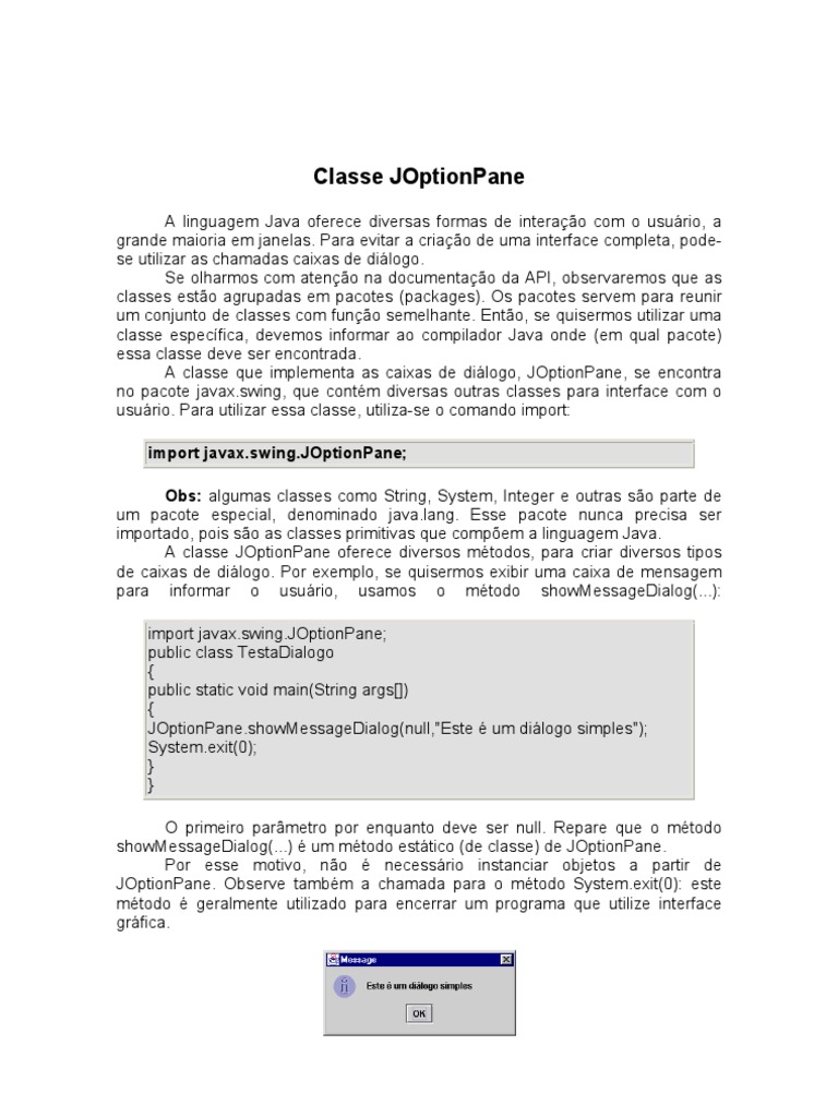 Apostila 09 Estudo Sobre A Classe JOptionPane Documento PDF | PDF ...
