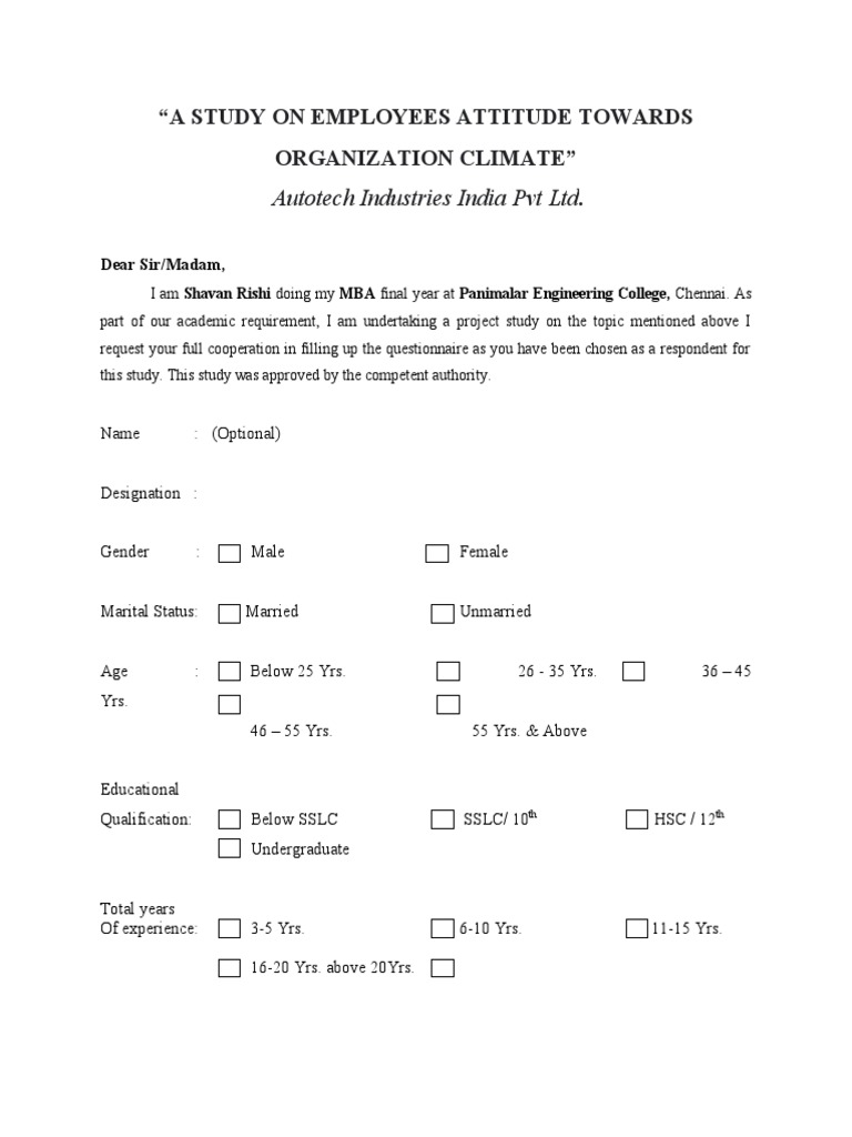 Questionnaire Employee Attitude | PDF | Cognition | Applied Psychology