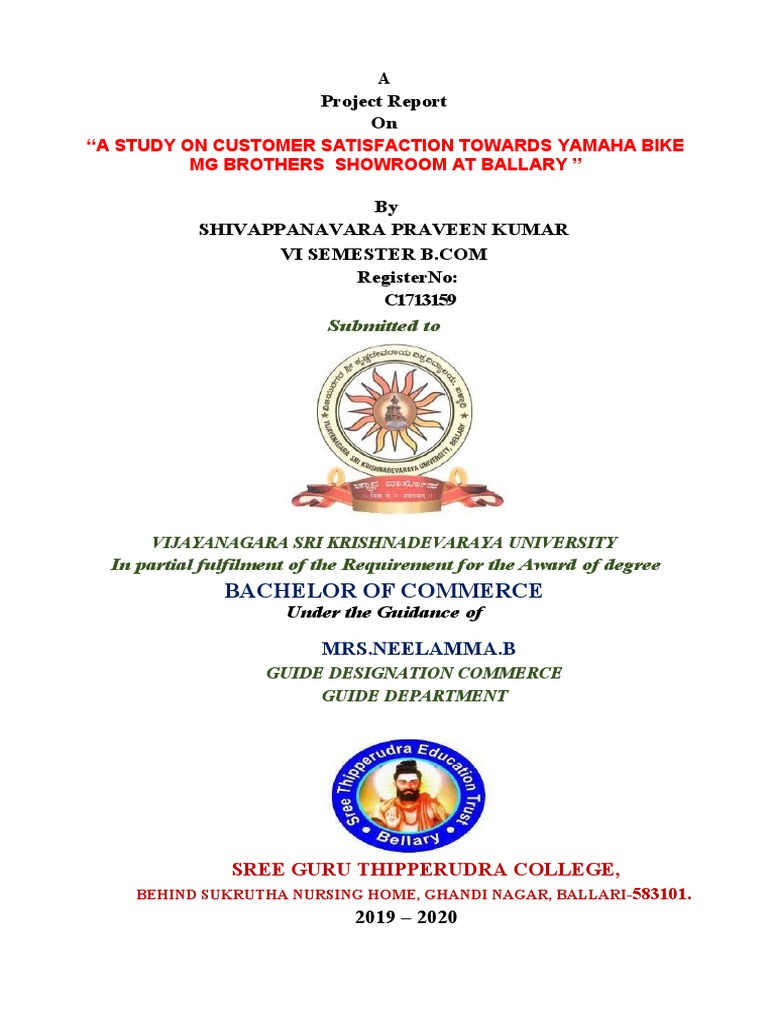 Bachelor of Commerce: "A Study On Customer Satisfaction Towards Yamaha Bike MG Brothers Showroom ...