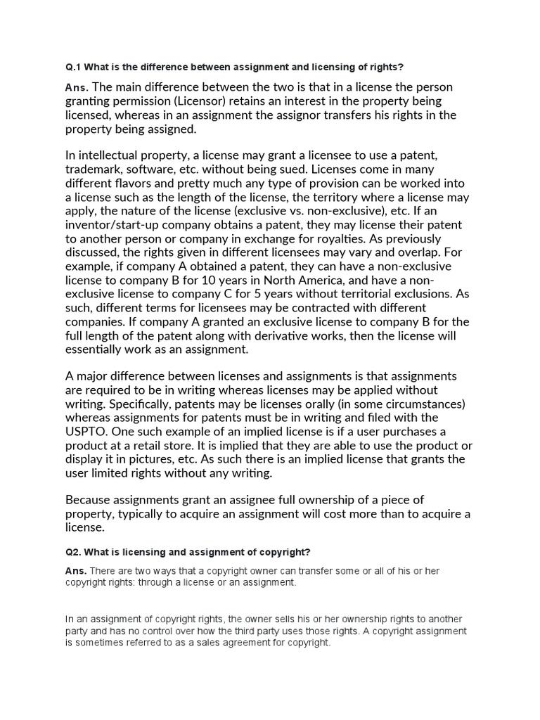 Q.1 What Is The Difference Between Assignment and Licensing of Rights ...