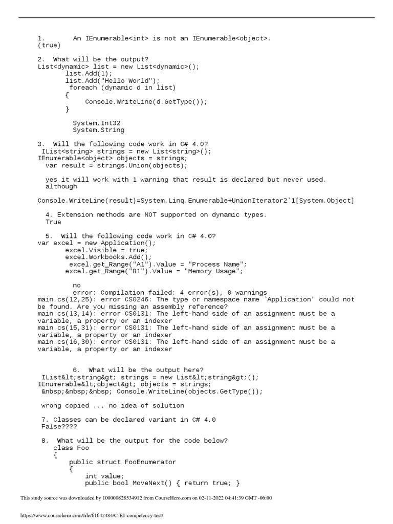 C E1 Competency Test | PDF | C Sharp (Programming Language) | Computer ...