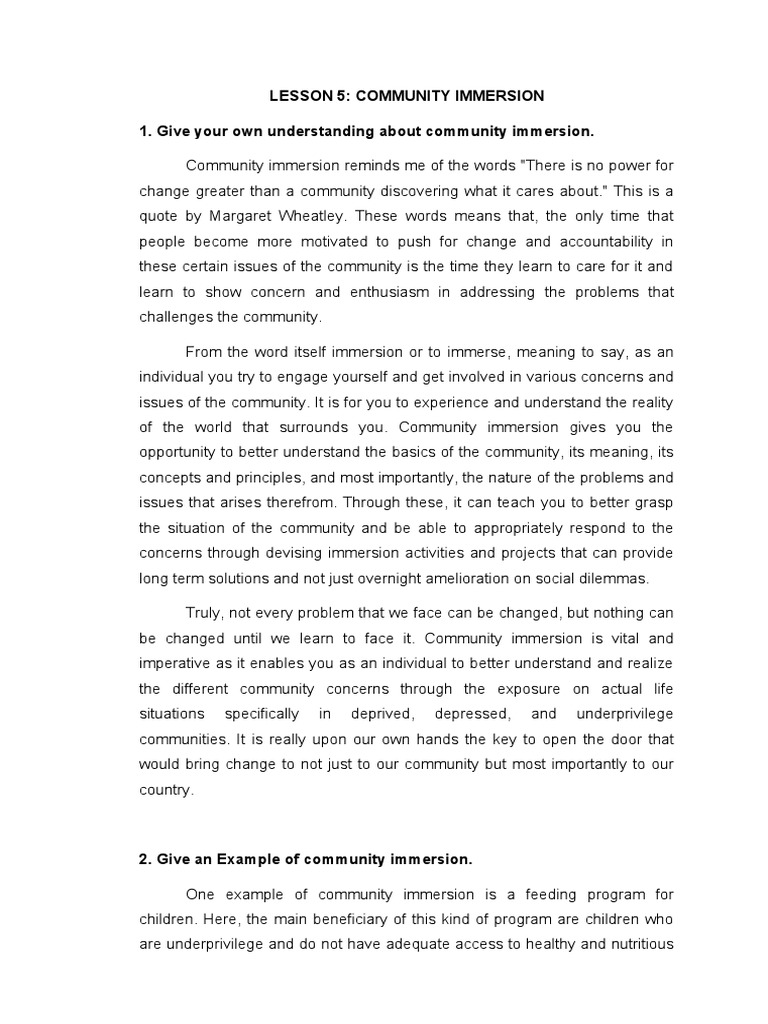 Lesson 5: Community Immersion 1. Give Your Own Understanding About ...