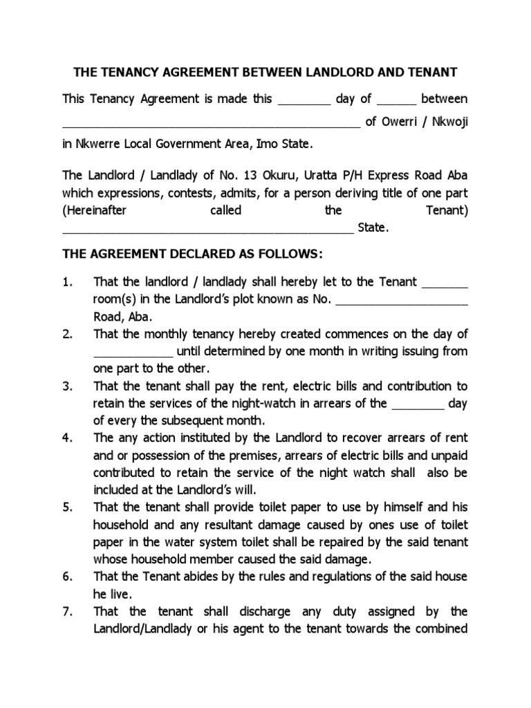 The Tenancy Agreement Between Landlords and Tenant | Download Free PDF ...