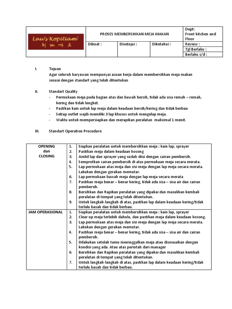 Sop Membersihkan Meja Makan | PDF