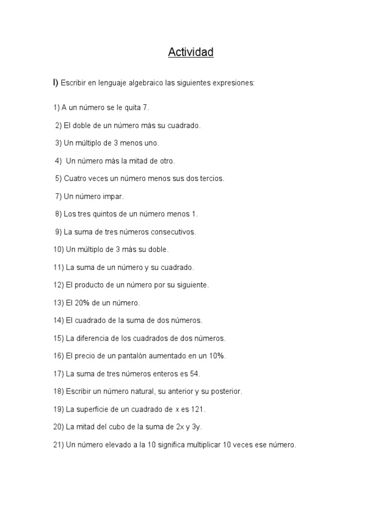 Ejercicios de Lenguaje Algebraico | PDF