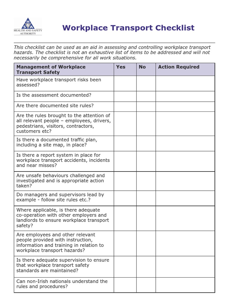 Workplace Transport Safety Checklist | PDF | Traffic | Vehicles