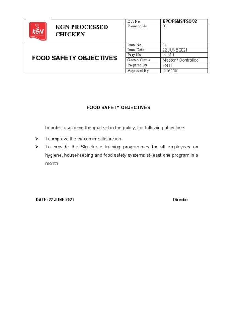 Food Safety Objectives | PDF