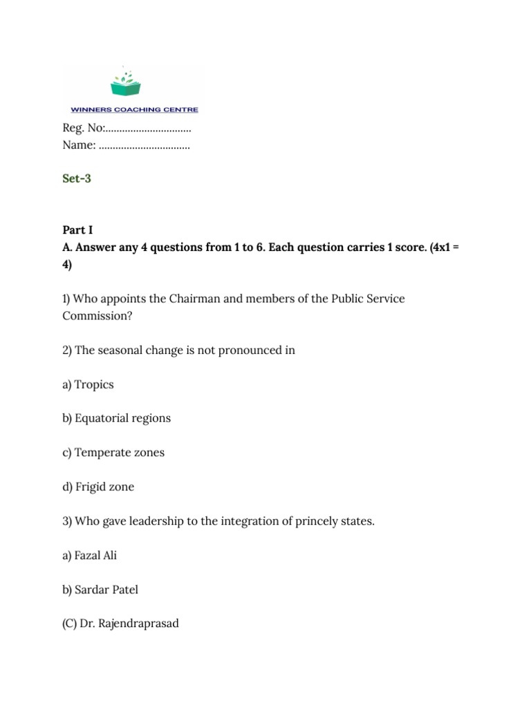 A. Answer Any 4 Questions From 1 To 6. Each Question Carries 1 Score ...