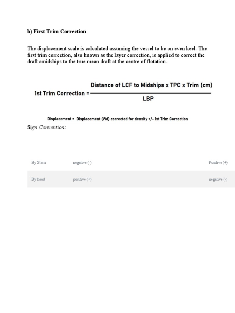 B) First Trim Correction: Trim LCF Forward of Midships LCF Aft of ...
