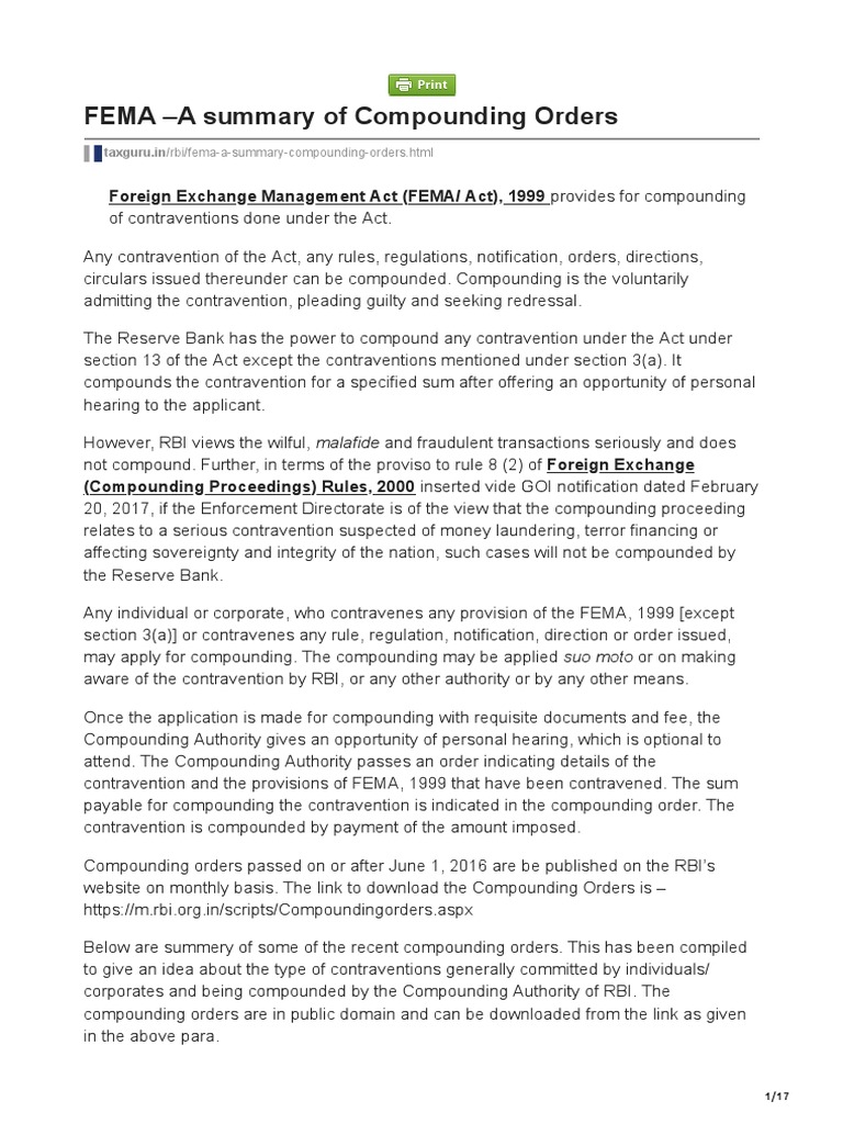 Summary of FEMA Compounding Orders | PDF | Reserve Bank Of India | Banks