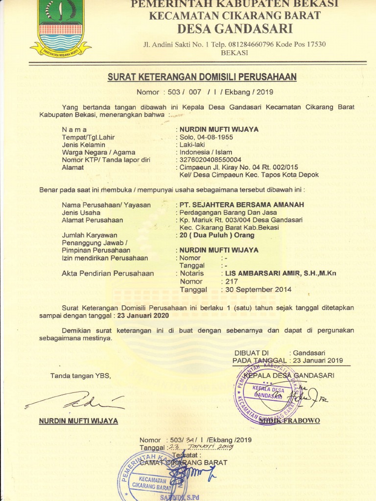 Surat Keterangan Domisili Perusahaan PT Sba | PDF