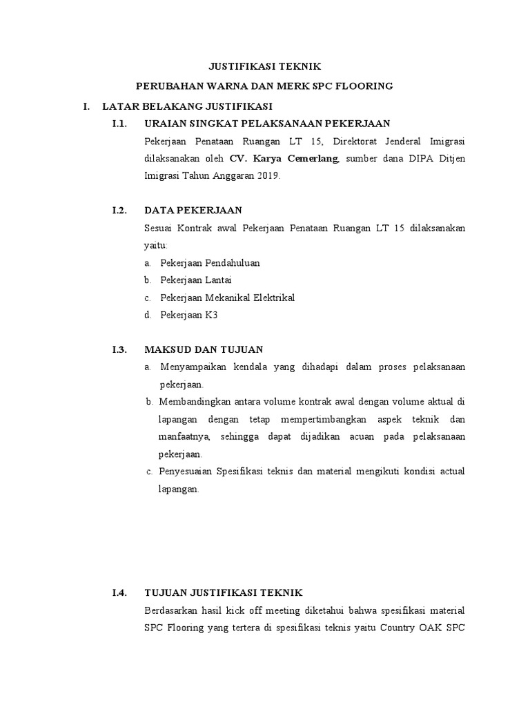 Justifikasi Teknis Perubahan Merk Dan Warna SPC Flooring | PDF