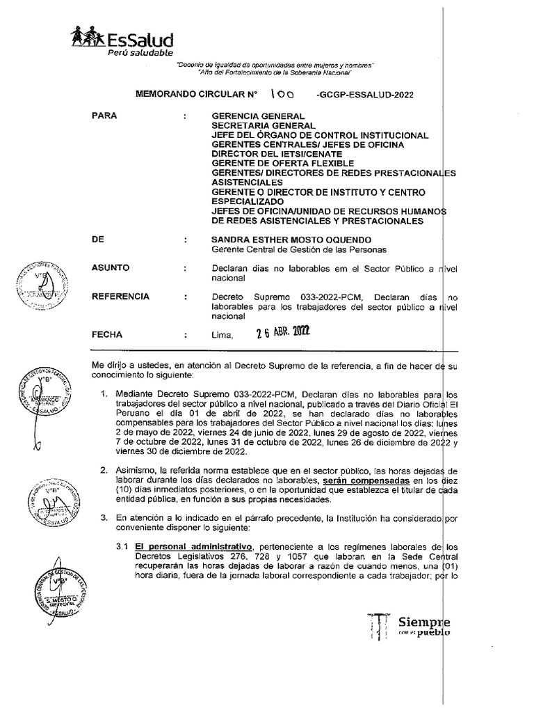 Memorando Circular N 100-Gcgp-Essalud-2022 | PDF