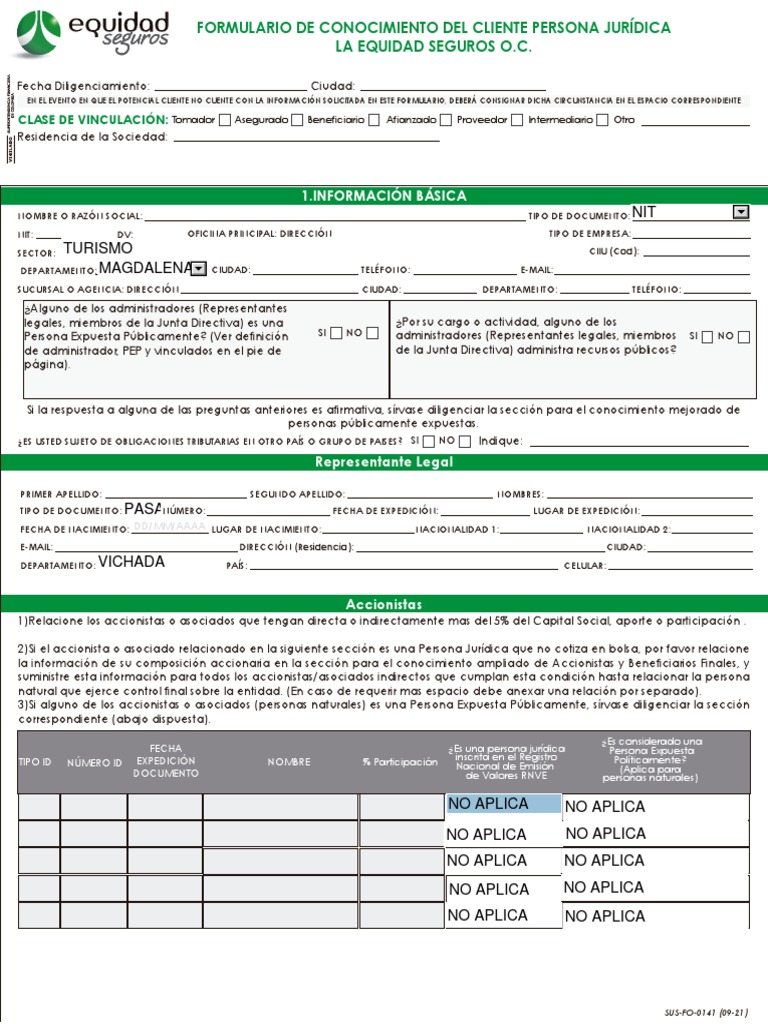 2021 Formulario de Conocimiento Del Cliente Persona Juridica | PDF | Póliza de seguros | Seguro