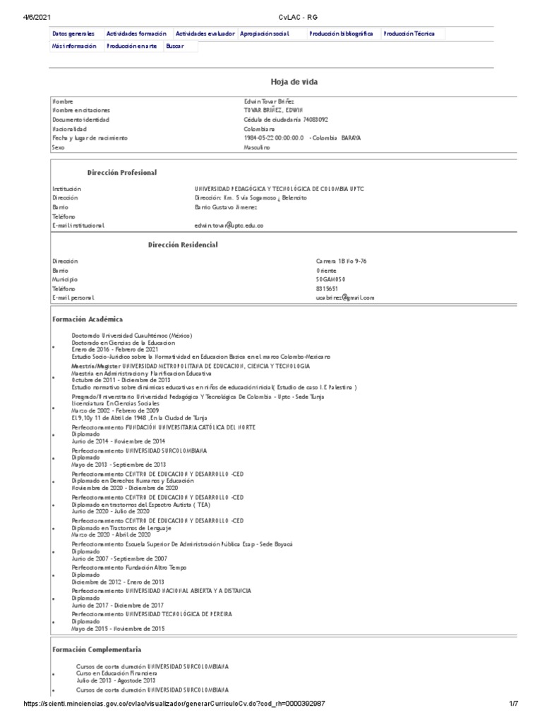 Cvlac (Hoja de Vida) - Rg-Edwin Tovar Briñez | PDF | Colombia