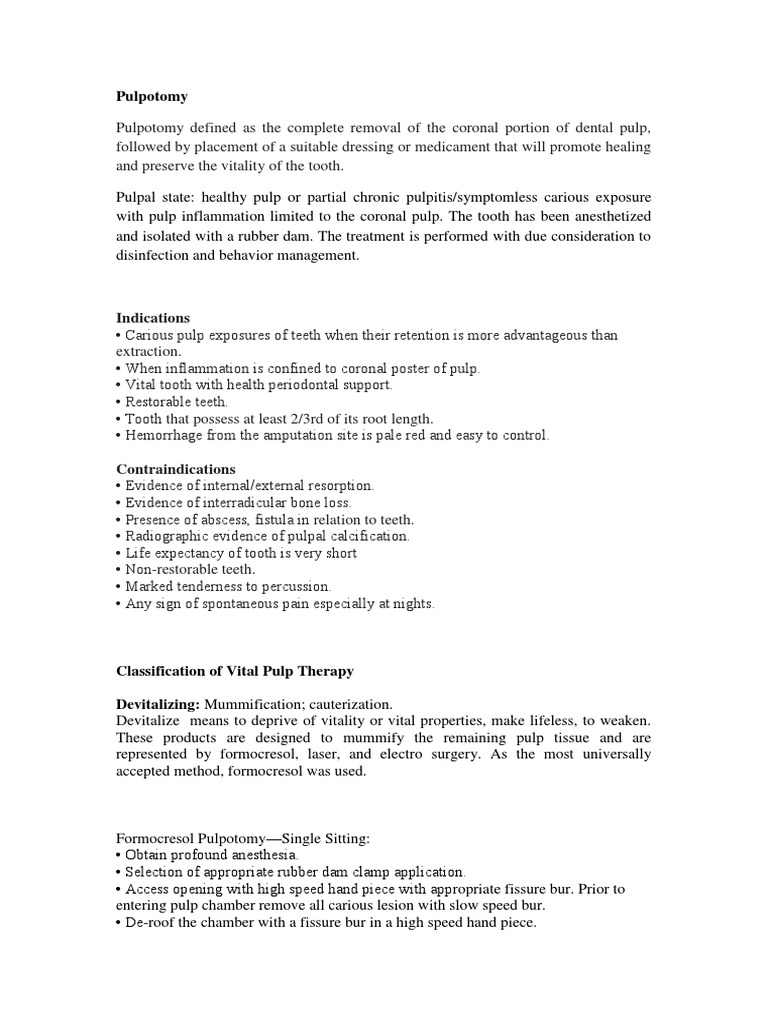 Pulpotomy: Indications | PDF | Dentistry Branches | Medical Specialties