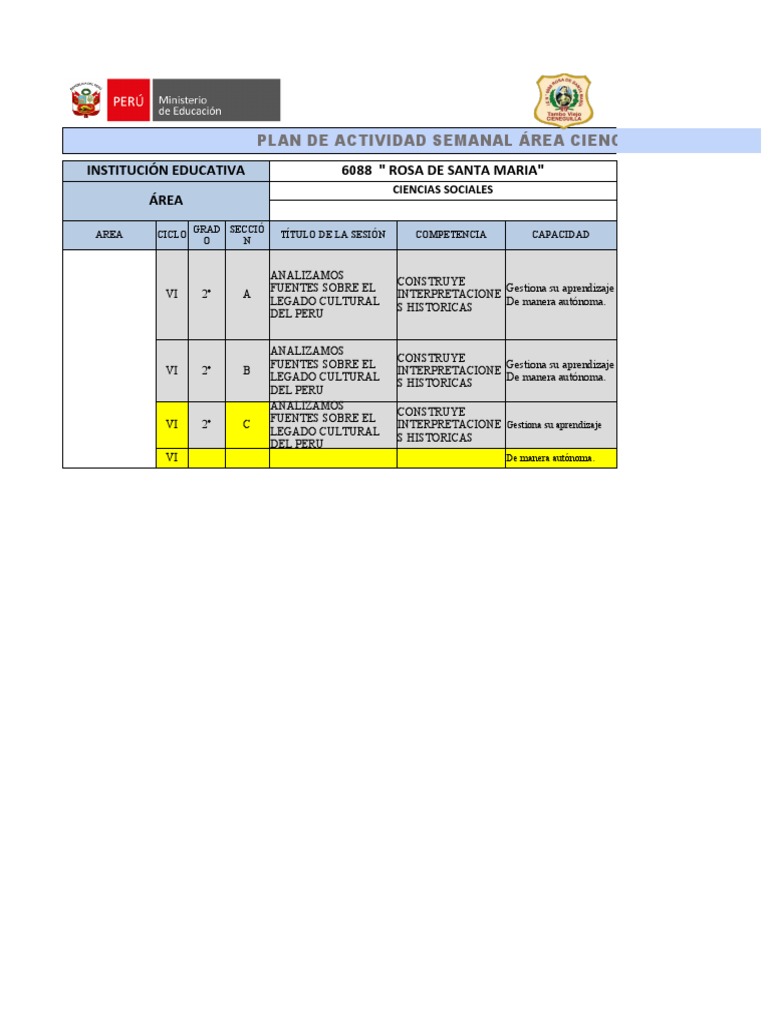 Planificación semanal para el área de Ciencias Sociales en el segundo ...