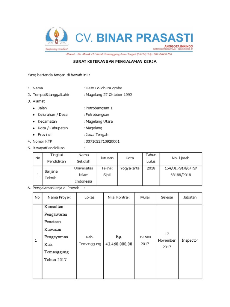 CV Dan Daftar Pengalaman Kerja Widhi | PDF