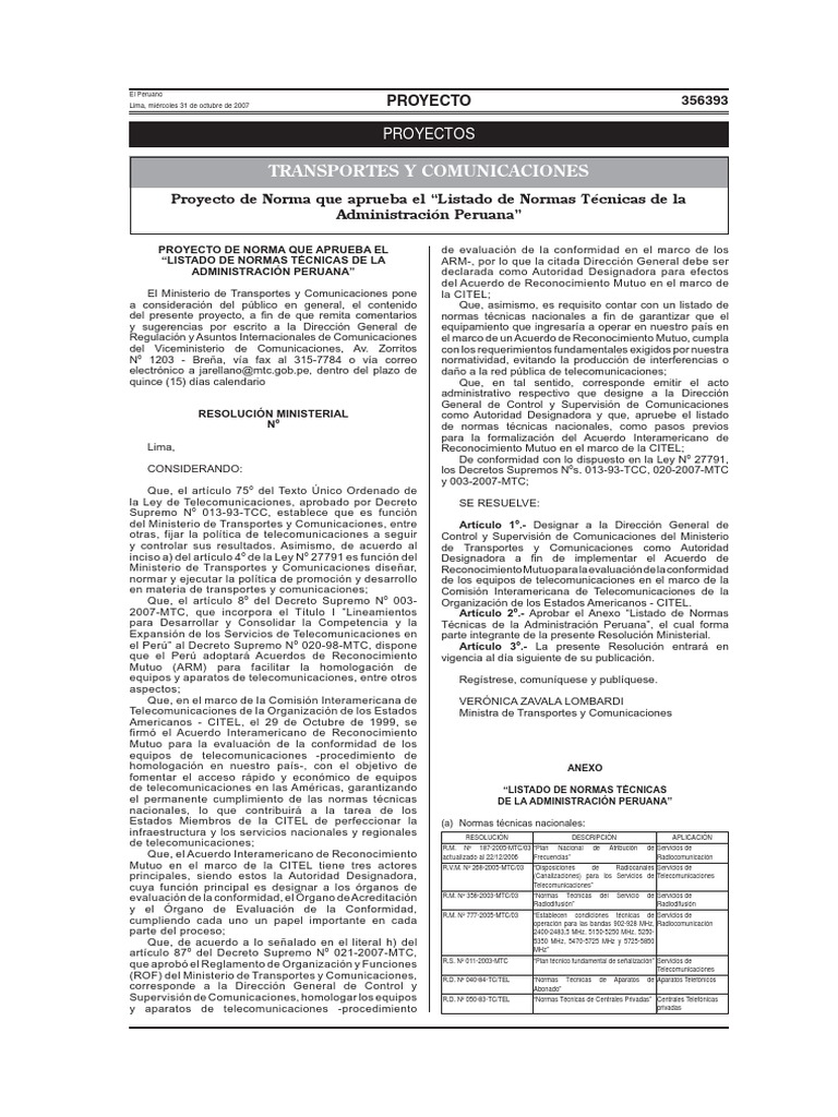Listado de Normas Tecnicas Del MTC en Telecomunicaciones | PDF | Radio ...