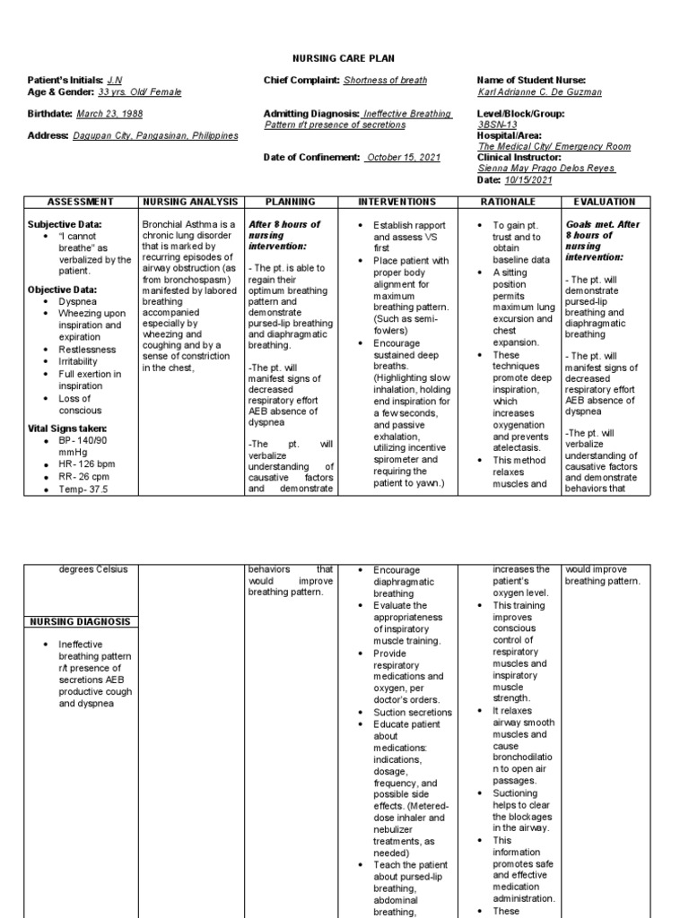 Nursing Care Plan for Shortness of Breath | PDF | Breathing ...