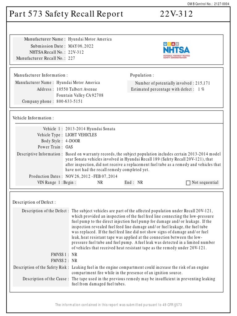 Hyundai Recalls 215,000 Sonata Sedans | PDF | Leak | National Highway ...