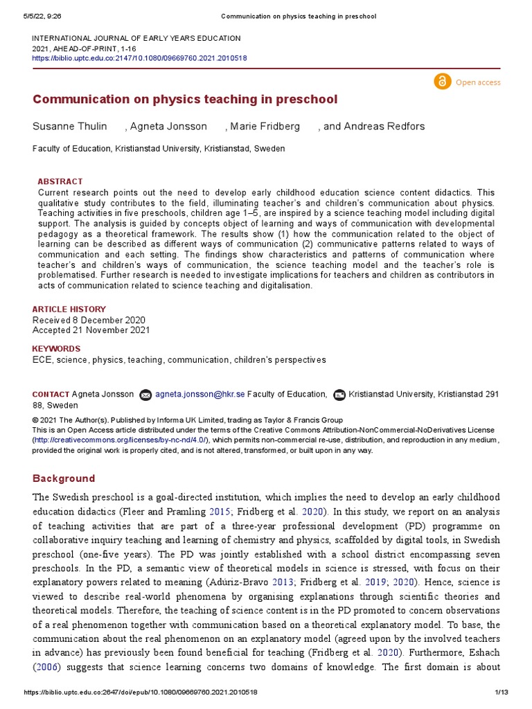Communication On Physics Teaching in Preschool | PDF | Theory | Gesture